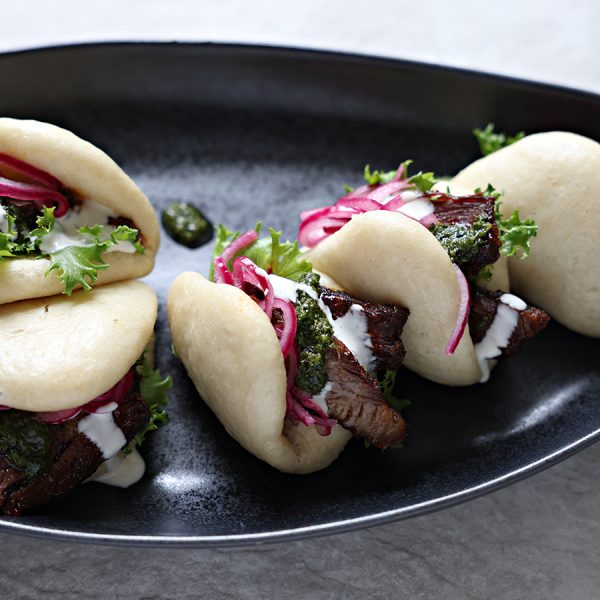 Bao Buns with Smoked Brisket, Pickled Onions, and Pesto - Between Carpools