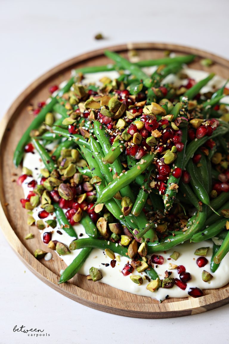 Feta Green Beans with Pomegranate and Pistachio Crunch - Between Carpools